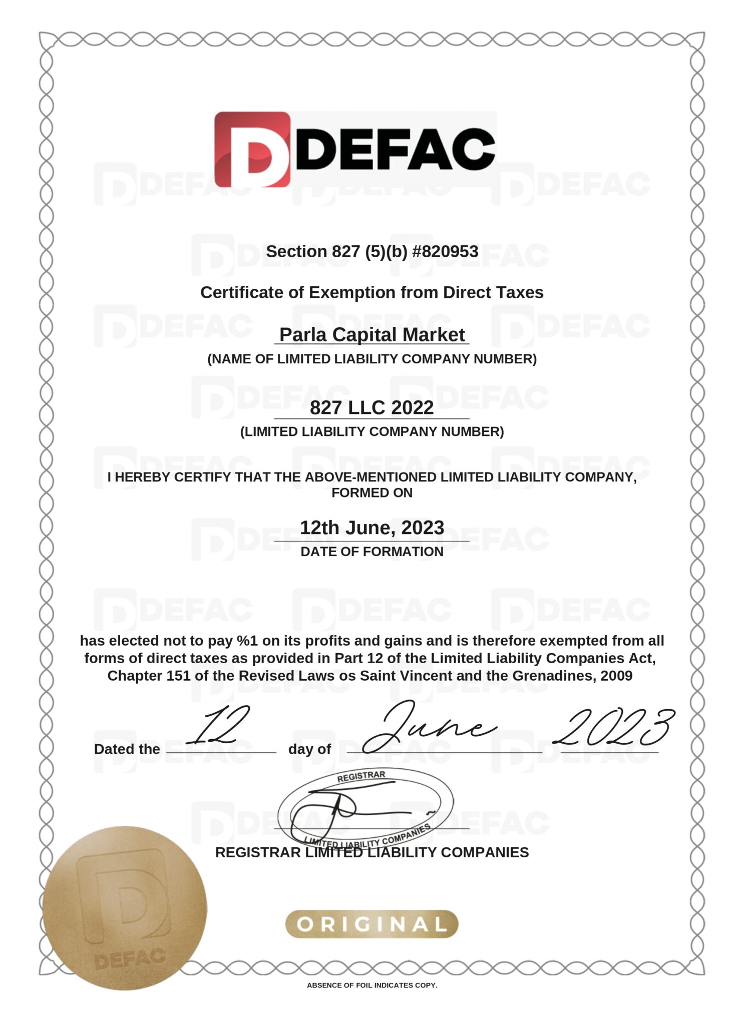 Parla Capital LLC - Defac